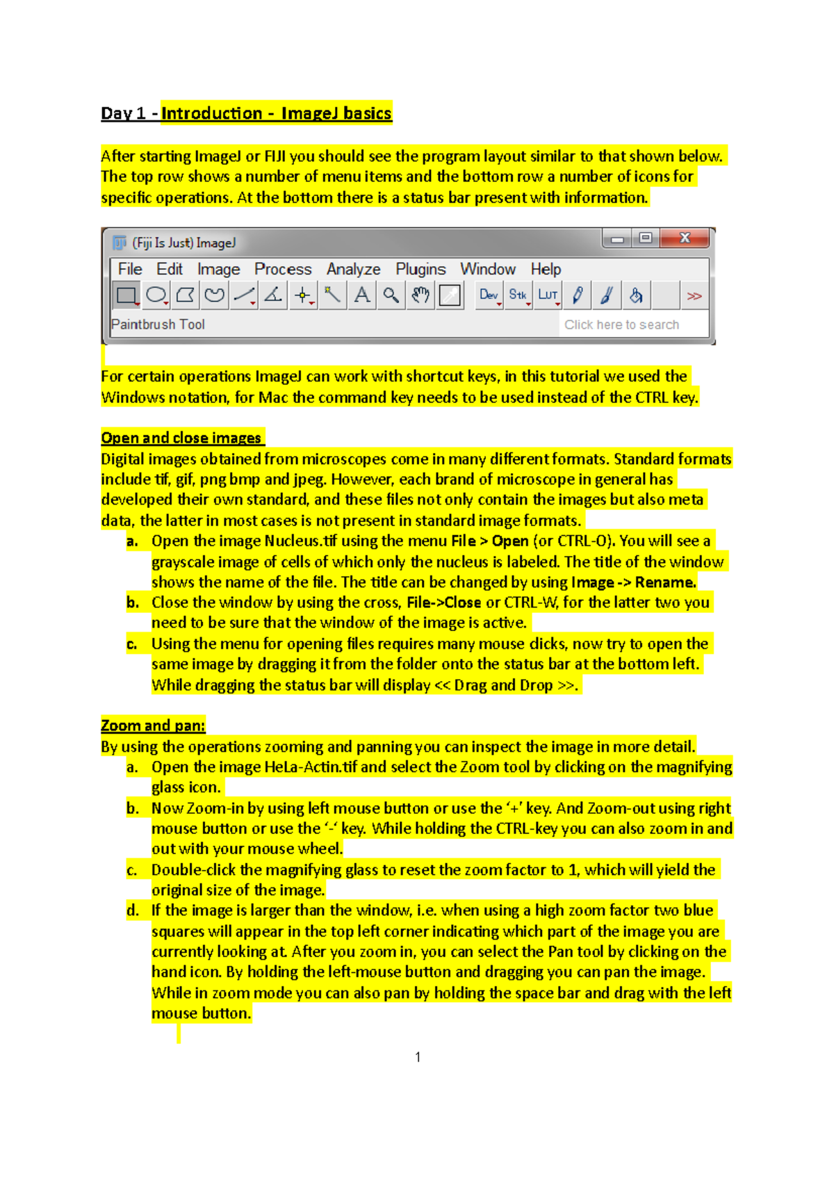 Day1 Image J Basics And Assignments Day 1 Introduction Imagej Basics After Starting Imagej Or 
