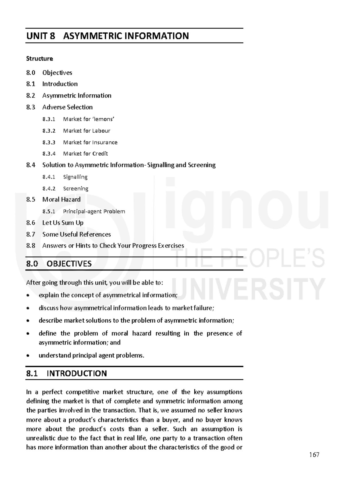 Unit-8 - Micro - Asymmetric UNIT 8 ASYMMETRIC INFORMATION Information Structure 8 Objectives 8 ...
