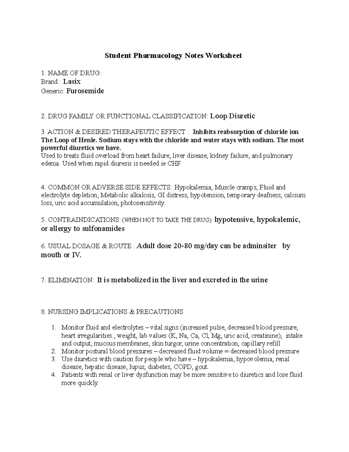Completed diuretic drug Worksheet - Student Pharmacology Notes ...