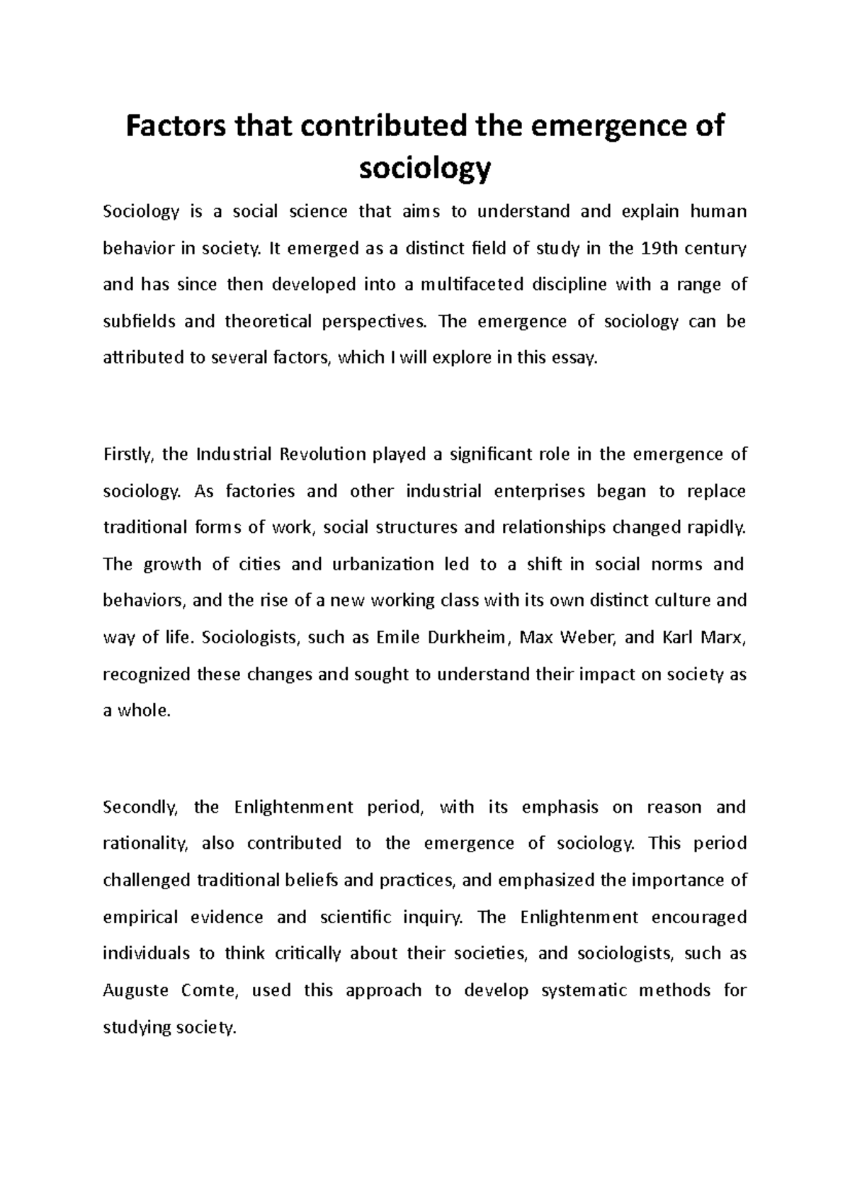 Factors that contributed the emergence of sociology - Factors that ...