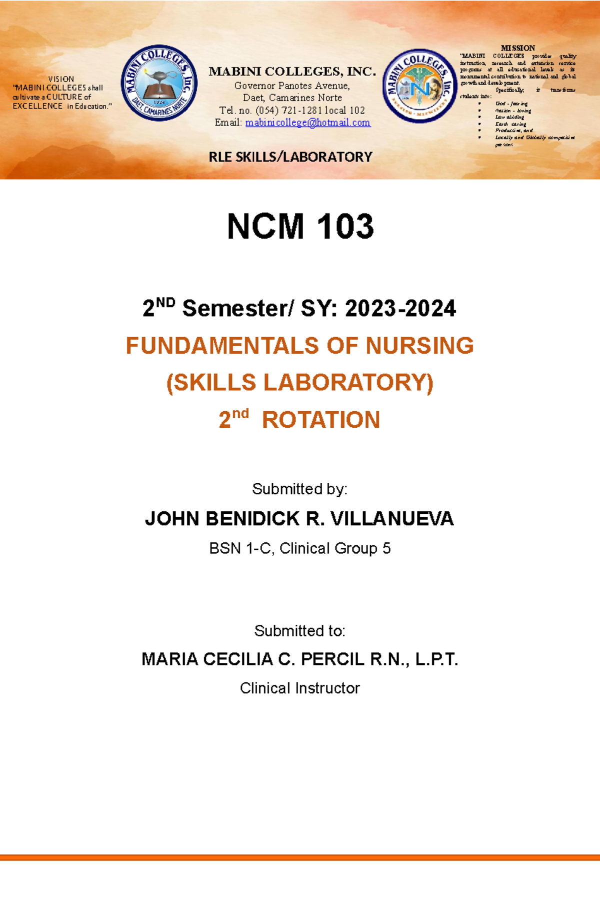 Villanueva- Documentation - NCM 1 03 2 ND Semester/ SY: 2023- FUNDAMENTALS OF NURSING (SKILLS ...