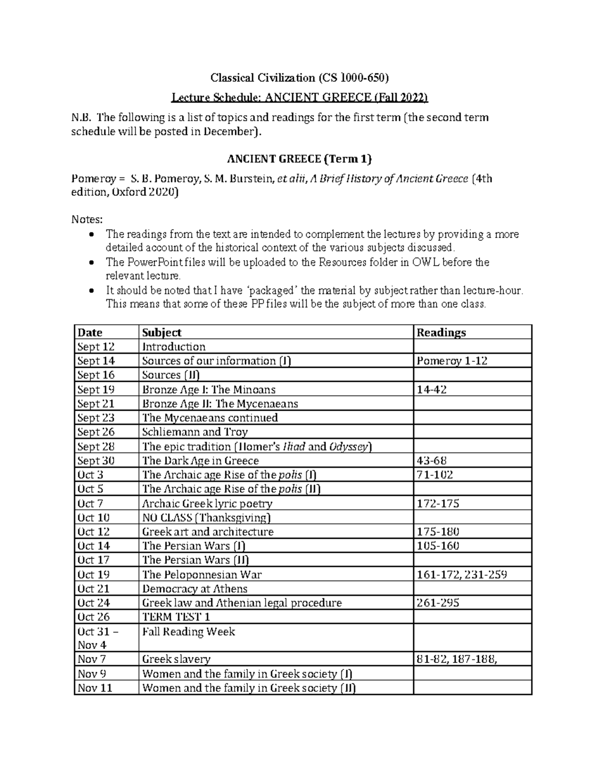 Classics readings schedule - Classical Civilization (CS 1000-650 ...