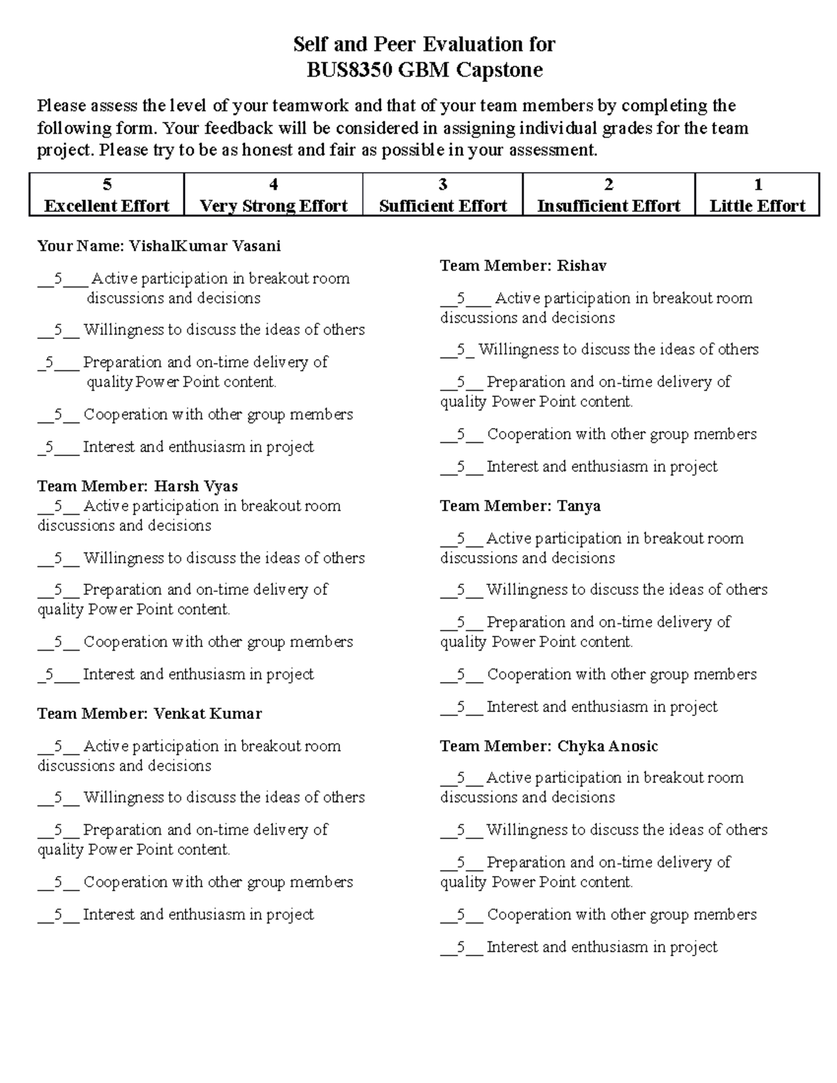 Self and Peer Evaluation - Your feedback will be considered in ...