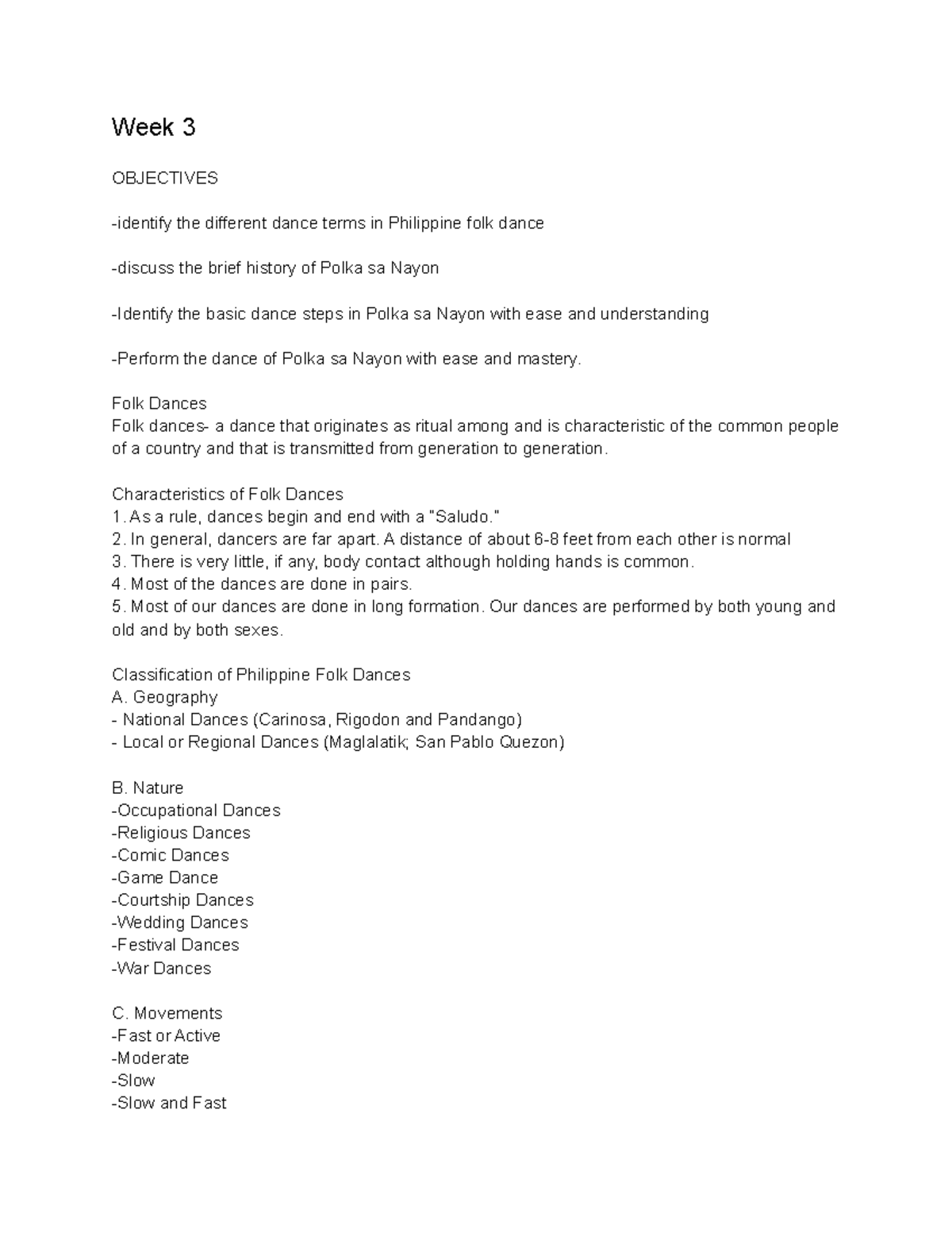 Week 3 - 4 - folk dance - Week 3 OBJECTIVES -identify the different ...