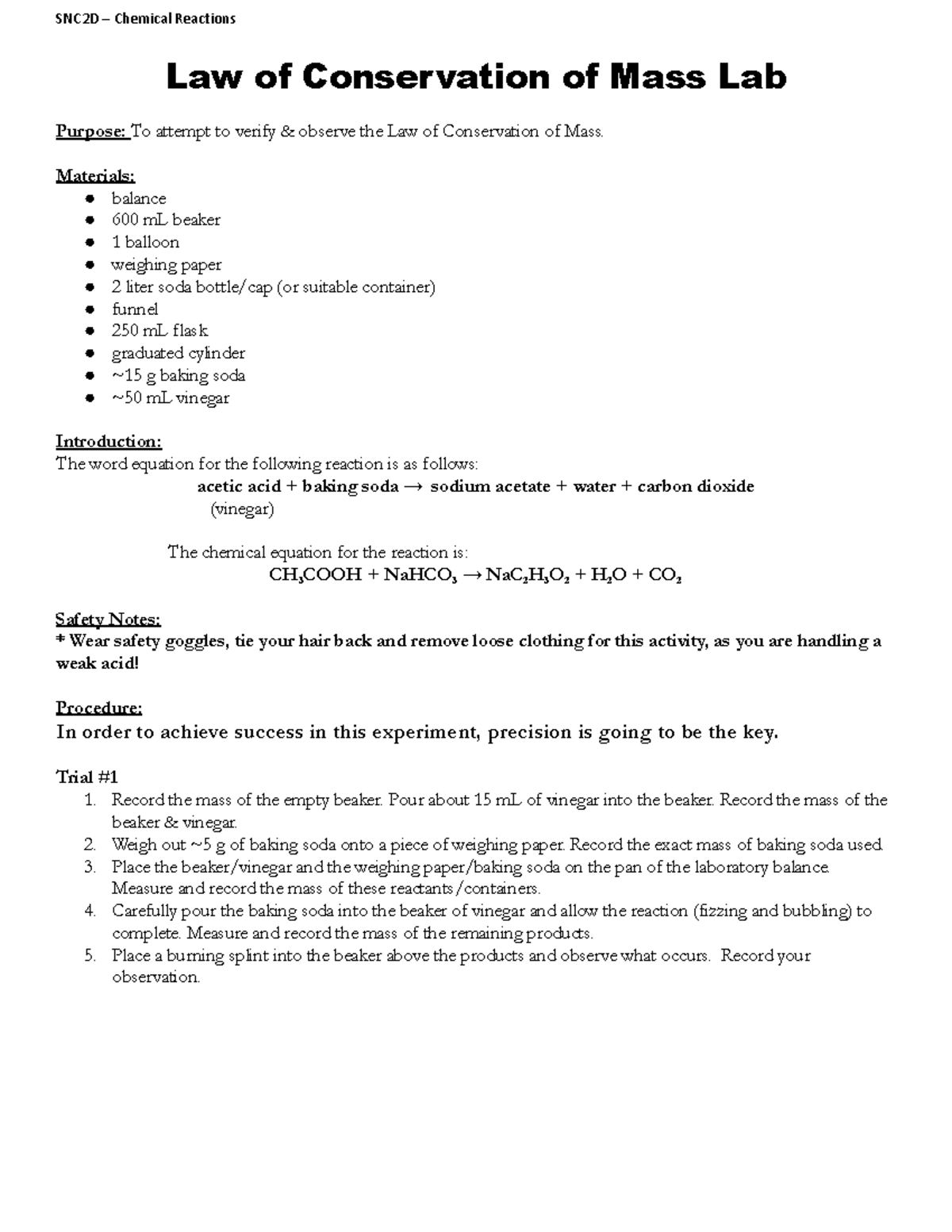 Law of Conservation of Mass Lab - Materials: balance 600 mL beaker 1 ...