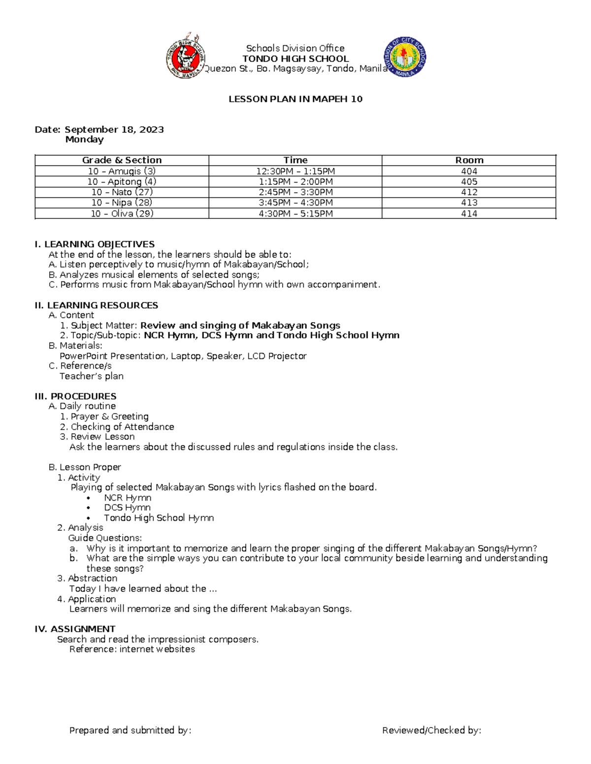 Sample-Lesson-Plan - Schools Division Office TONDO HIGH SCHOOL Quezon ...
