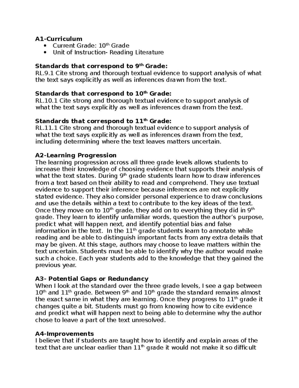 Evaluating Curriculum Alignment - A1-Curriculum Current Grade: 10th ...