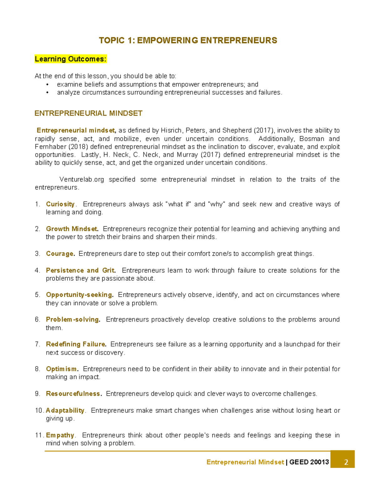 Entrep-Topic-1 - lecture notes - TOPIC 1: EMPOWERING ENTREPRENEURS ...