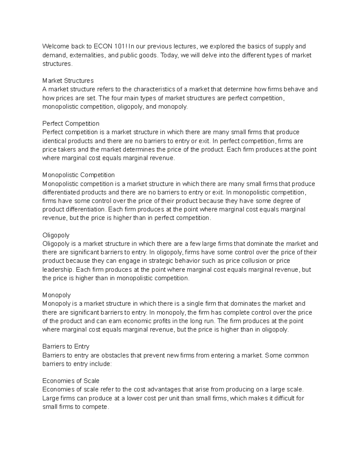 Lecture #7 Market Structures - Welcome back to ECON 101! In our ...