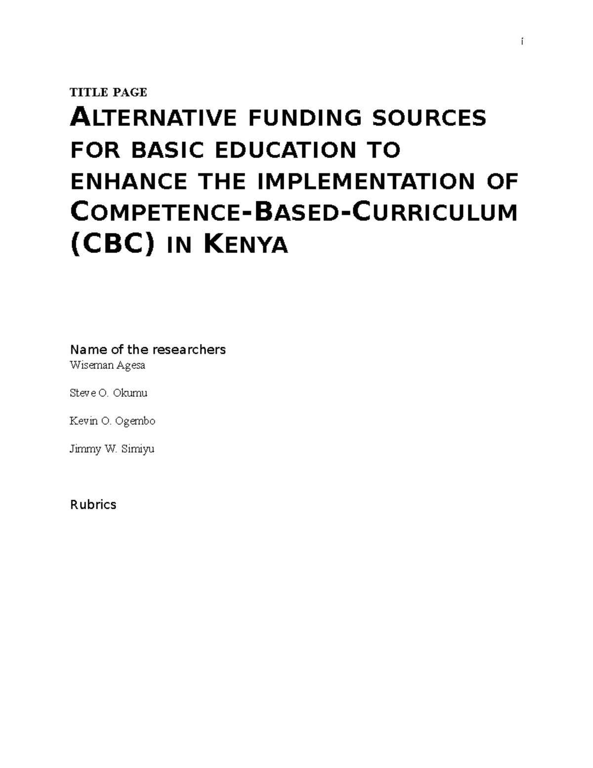 Research proposal sample - i TITLE PAGE ALTERNATIVE FUNDING SOURCES FOR ...