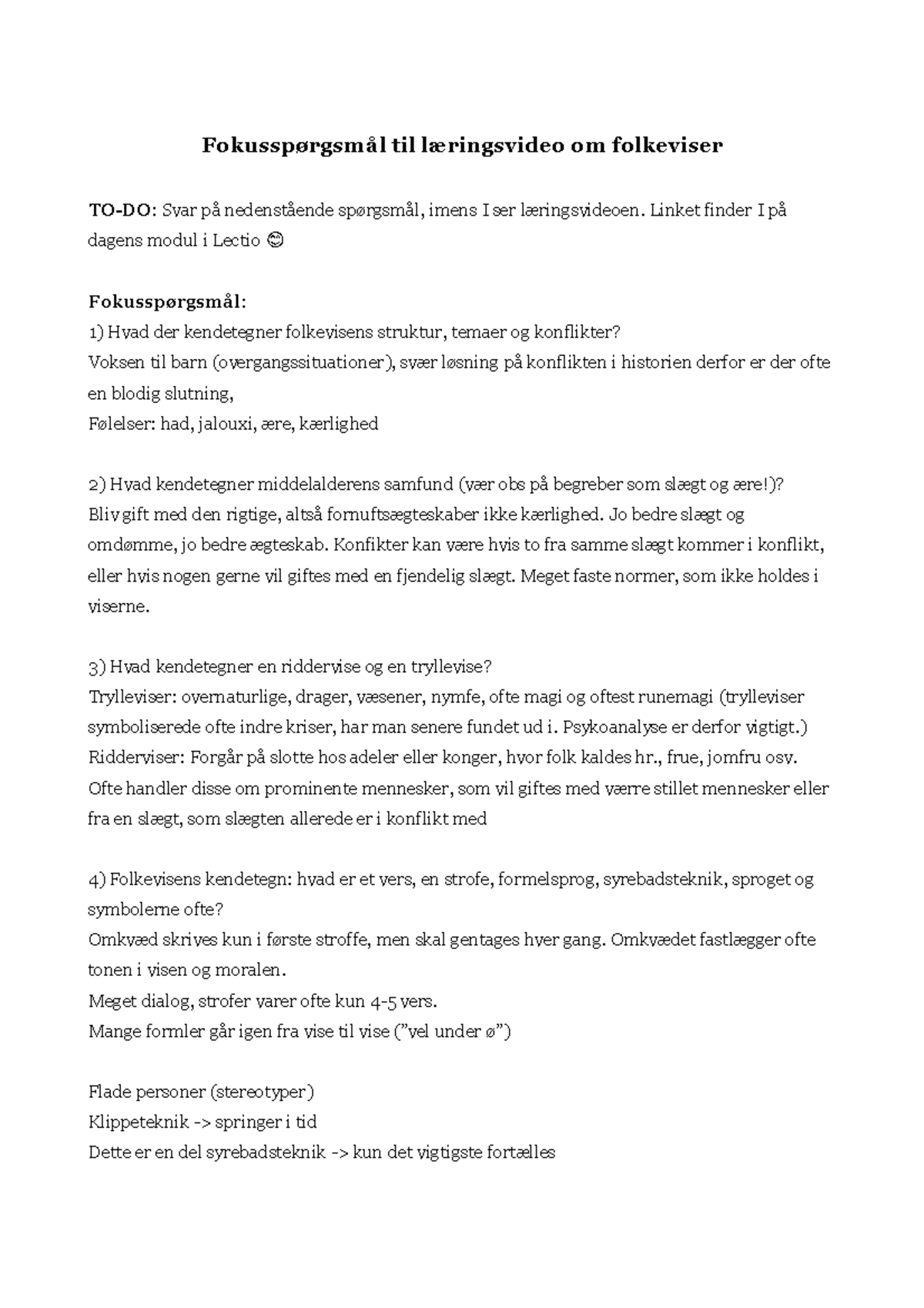 Fokusspg. til læringsvideo om folkeviser - Fokusspørgsmål til ...