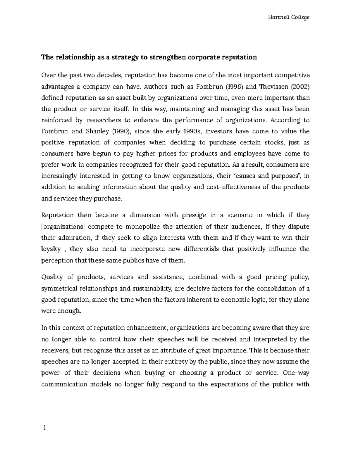 Strengthening corporate reputation. - The relationship as a strategy to ...