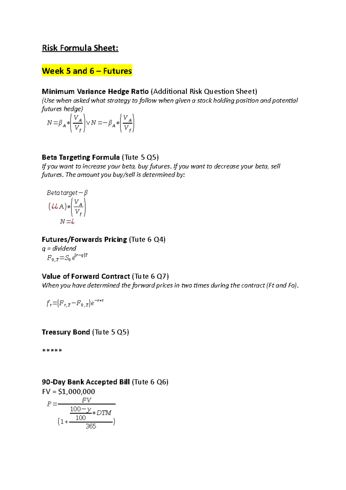 Formula sheet for final exam - Risk Formula Sheet: Week 5 and 6 ...