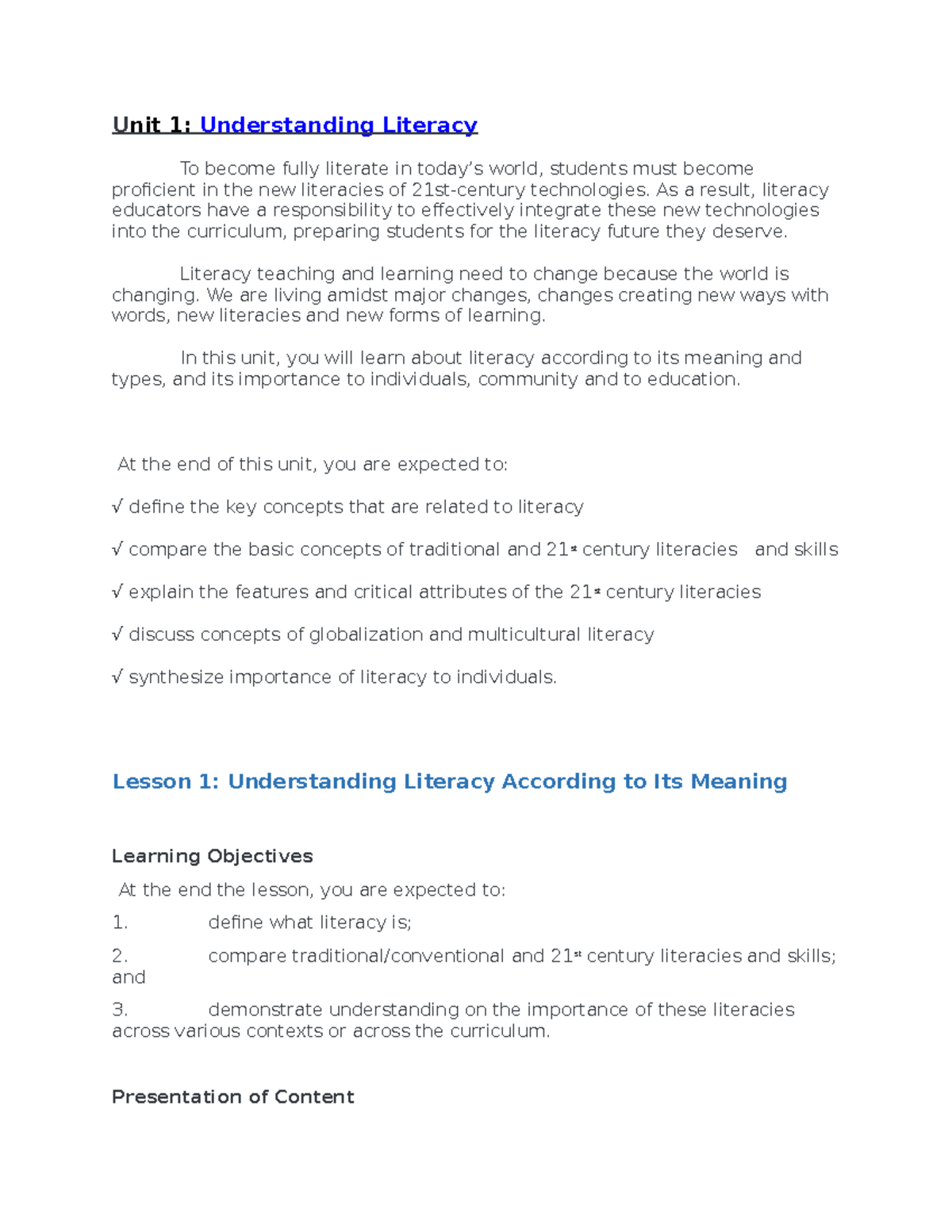 Detailed Lesson Plan - U nit 1: Understanding Literacy To become fully ...