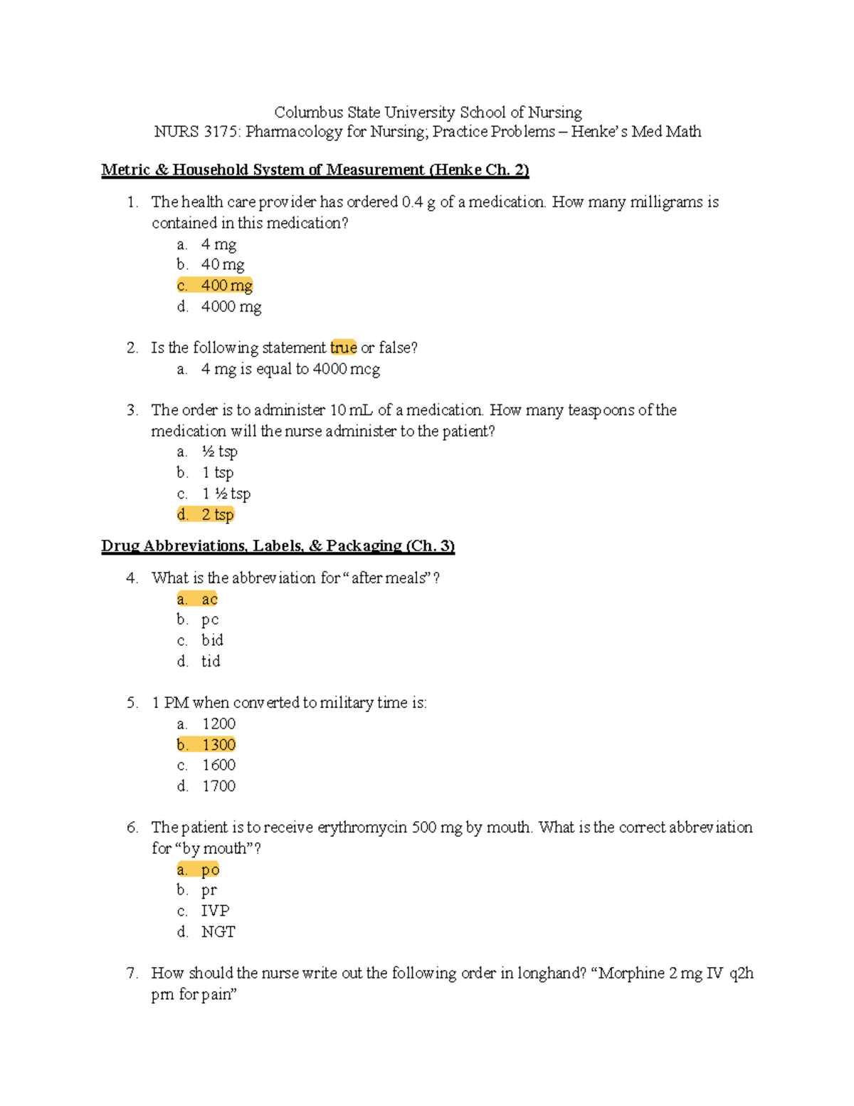 Henke's Med-Math Practice Questions - Columbus State University School ...