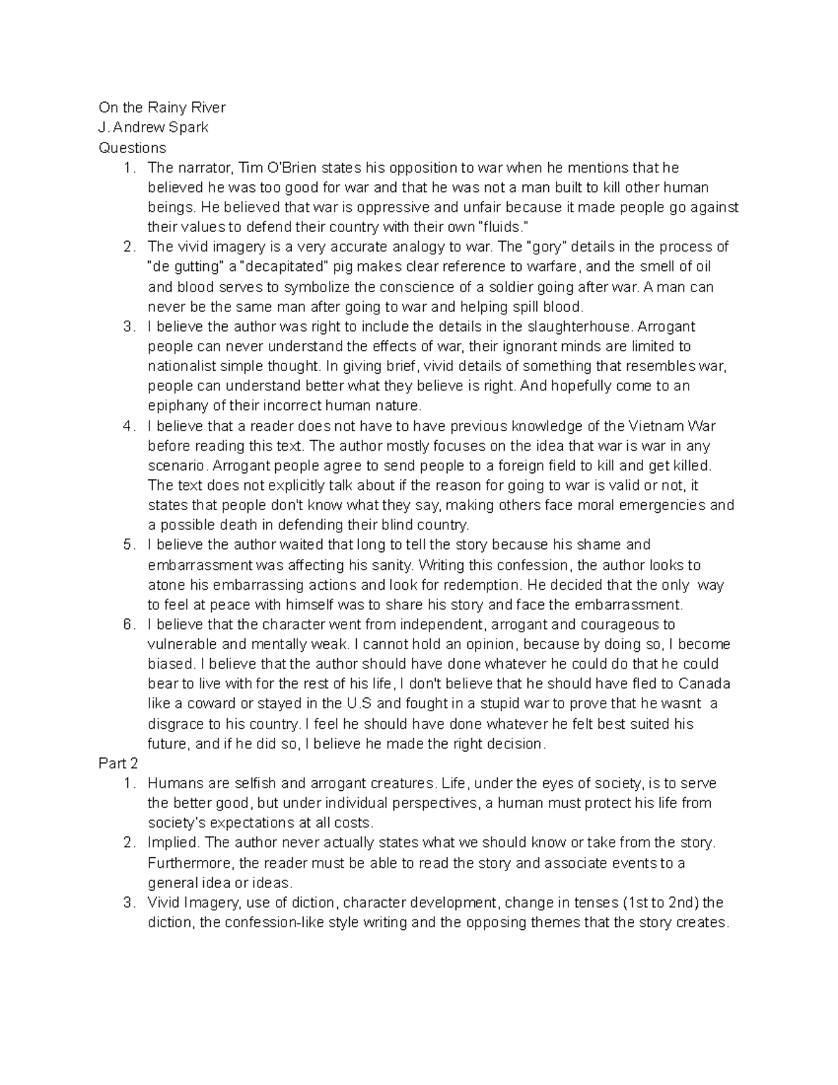 ELA30. ORR - assignment - On the Rainy River J. Andrew Spark Questions ...