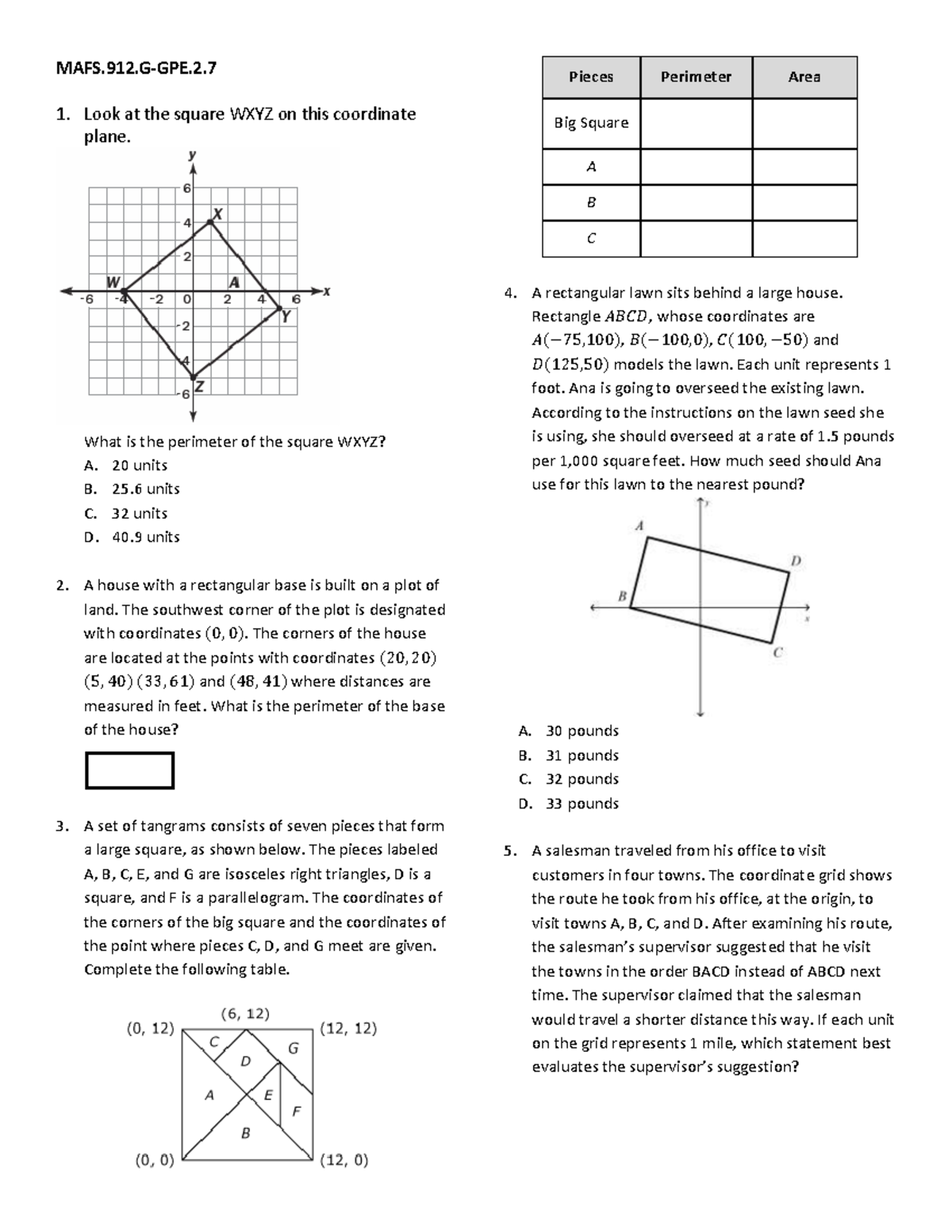More practice problems - MAFS.912.G-GPE. 1. Look at the square WXYZ on ...