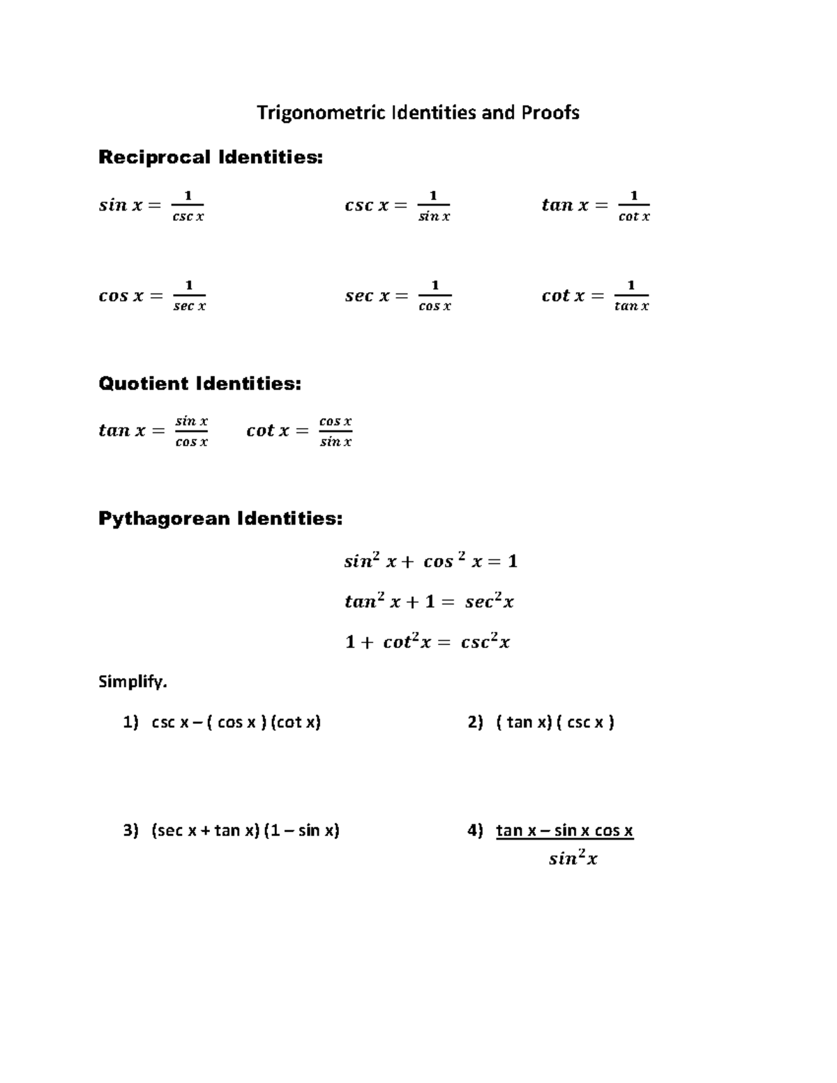 Trigonometric Identities and Proofs Day 1 Homework - Trigonometric ...