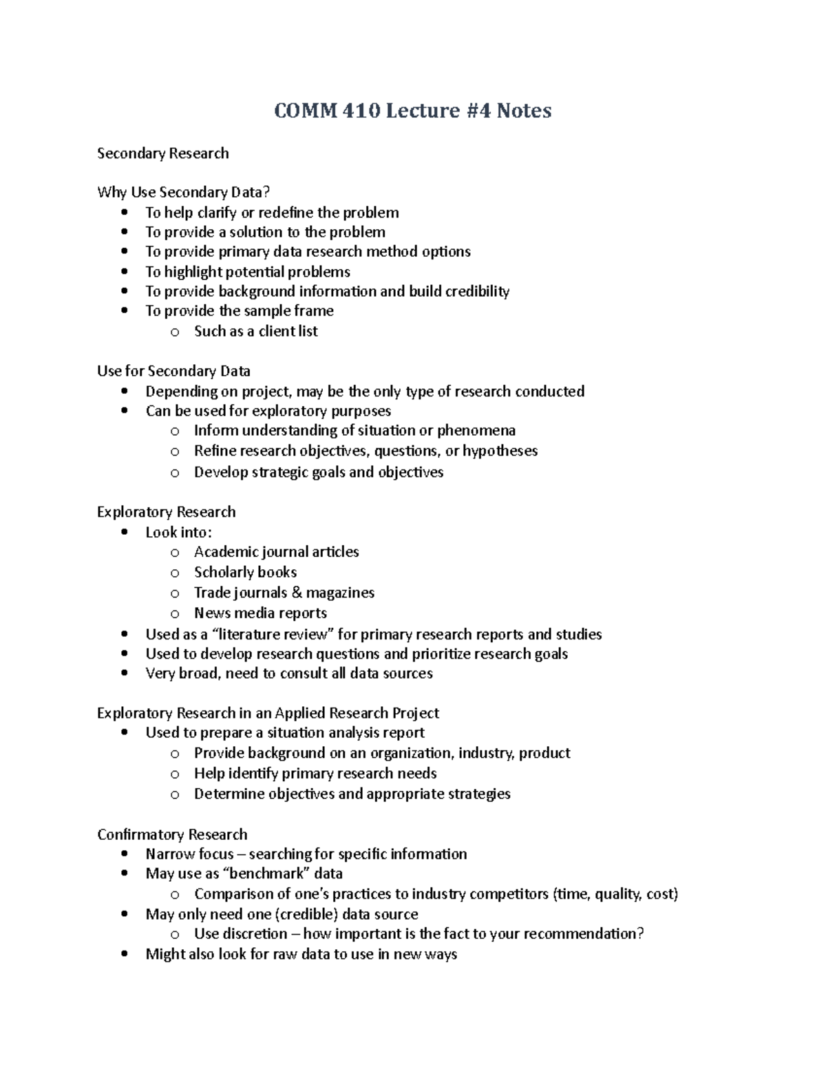 Lecture #4 - COMM 410 Lecture #4 Notes Secondary Research Why Use ...