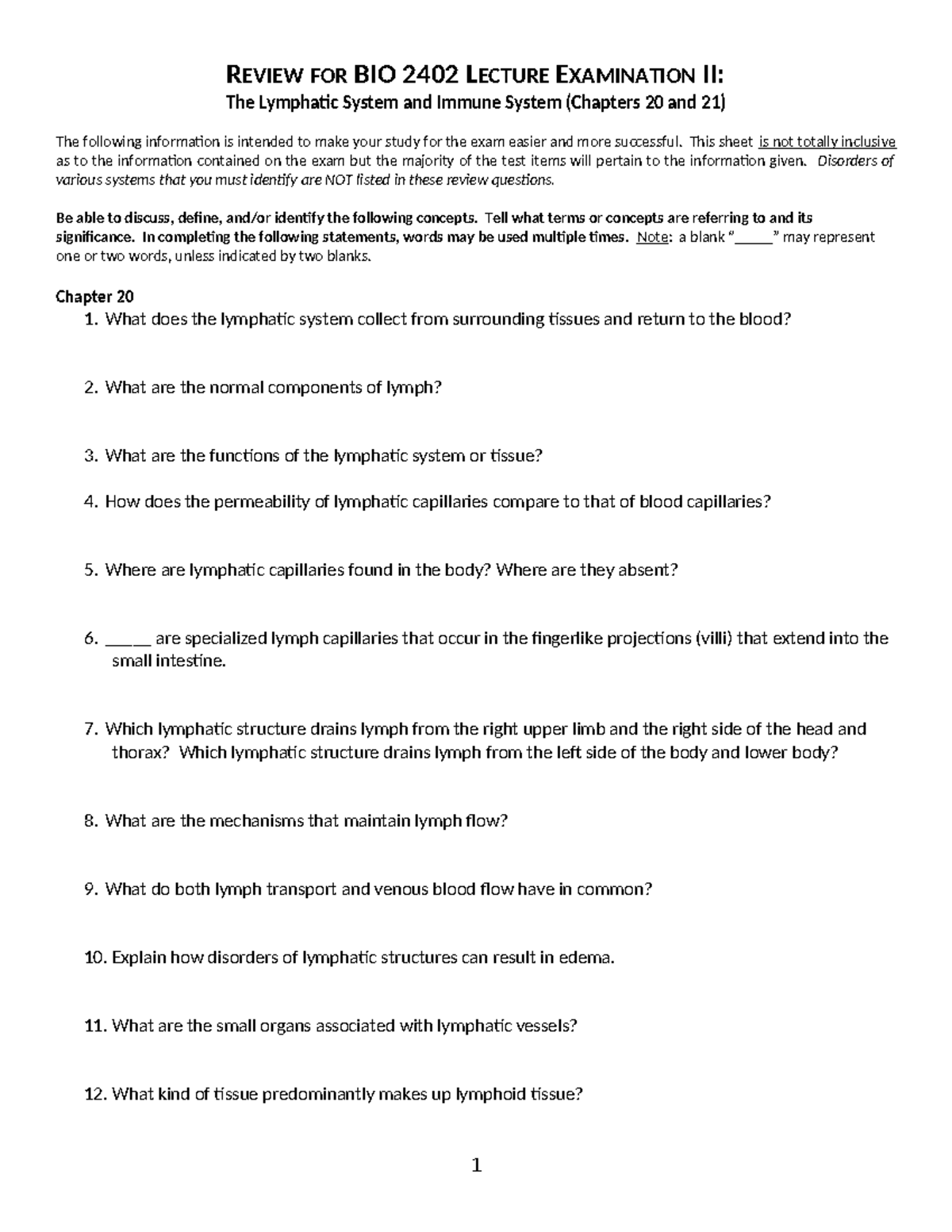 BIO 2402 Lecture Exam II Review chs 20 and 21 revised Summer 2019-1 ...