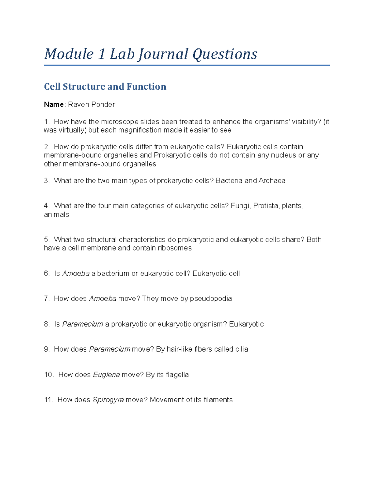 Raven Ponder L1Journal - Module 1 Lab Journal Questions Cell Structure ...