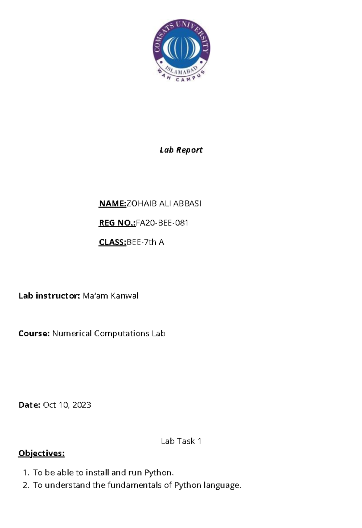 Lab task 1 111 - Notes - Lab Report NAME:ZOHAIB ALI ABBASI REG NO.:FA20 ...