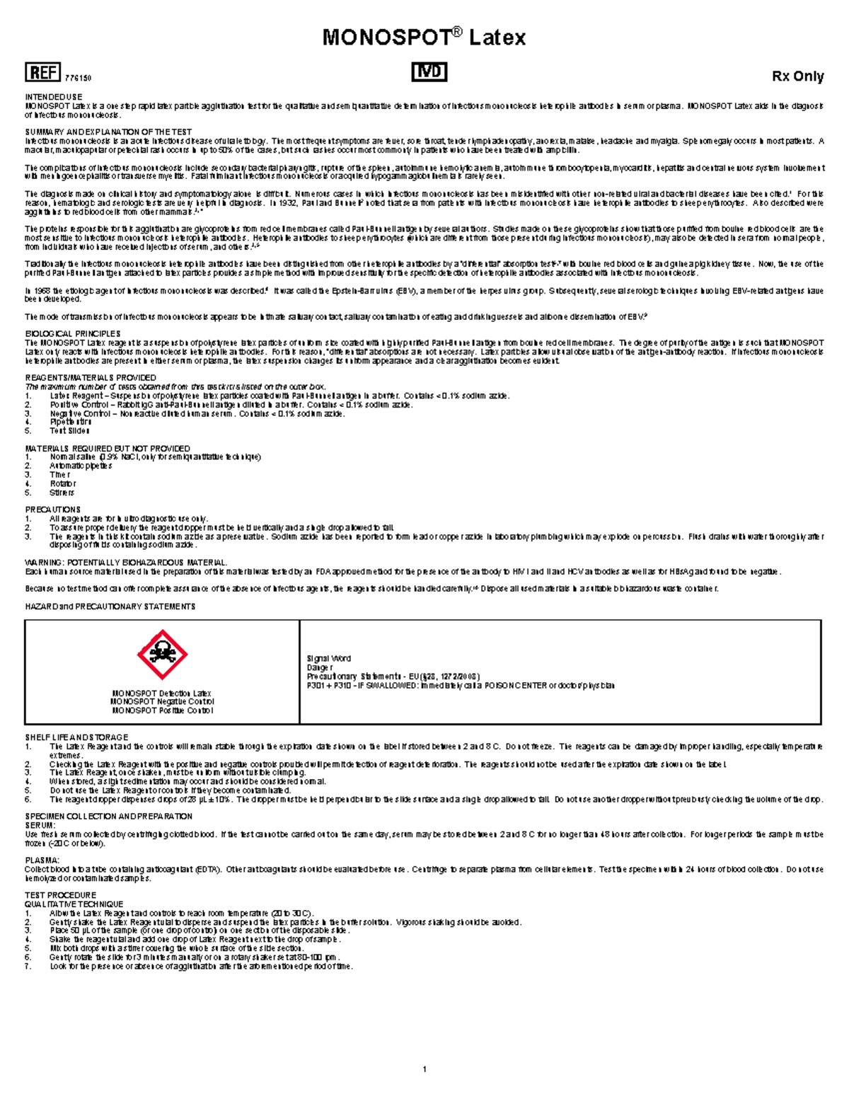 Monospot Latex Package Insert - MONOSPOT ® Latex 776150 Rx Only ...