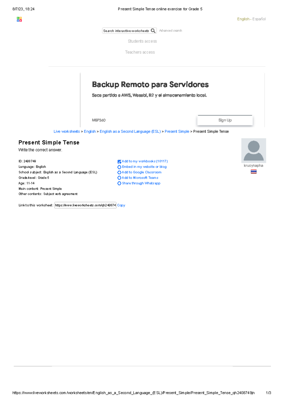 Present Simple Tense online exercise for Grade 5 - MSP360 Sign Up ...