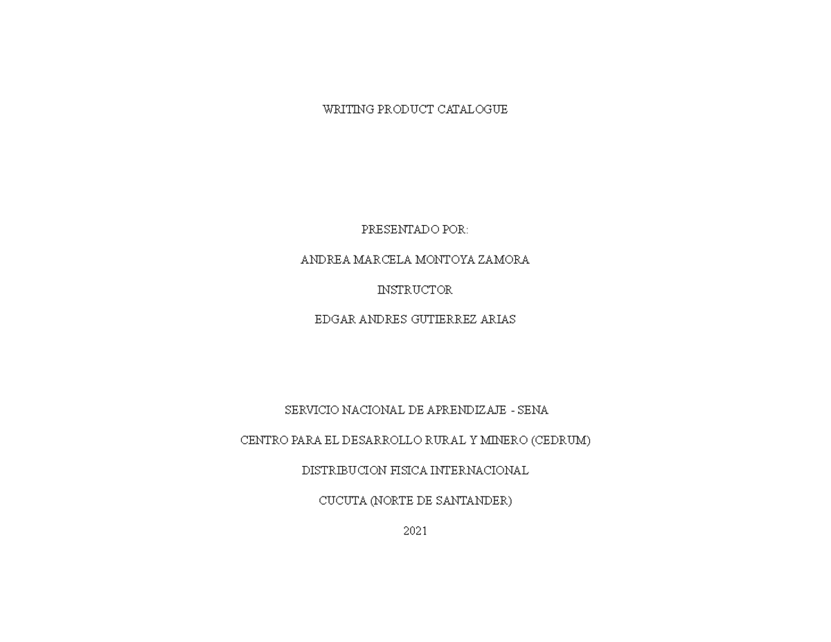 Writing Product Catalogue - Andrea Marcela Montoya Zamora - WRITING ...