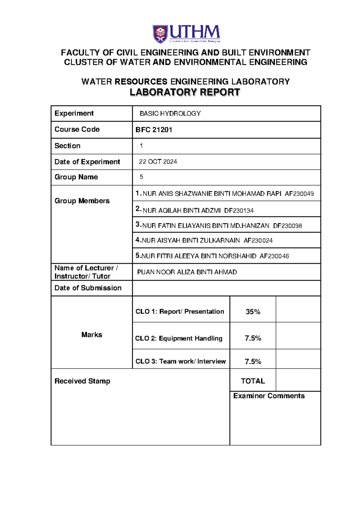 L1A Basic Hydrology - lab report - FACULTY OF CIVIL ENGINEERING AND ...