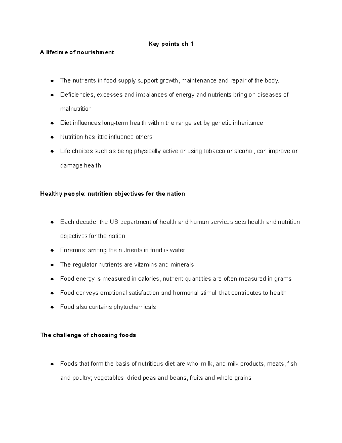 Ch1- food choices and human health - Key points ch 1 A lifetime of ...