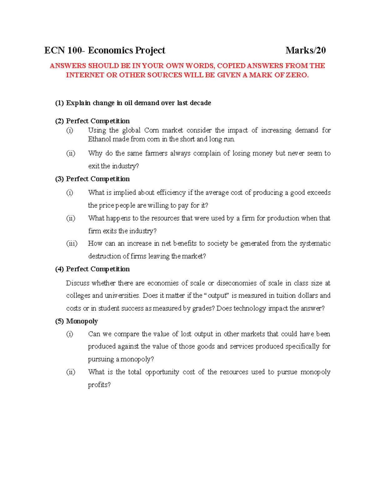 ECN 100 Project - Assignment questions bank for microeconomics. - ECN ...