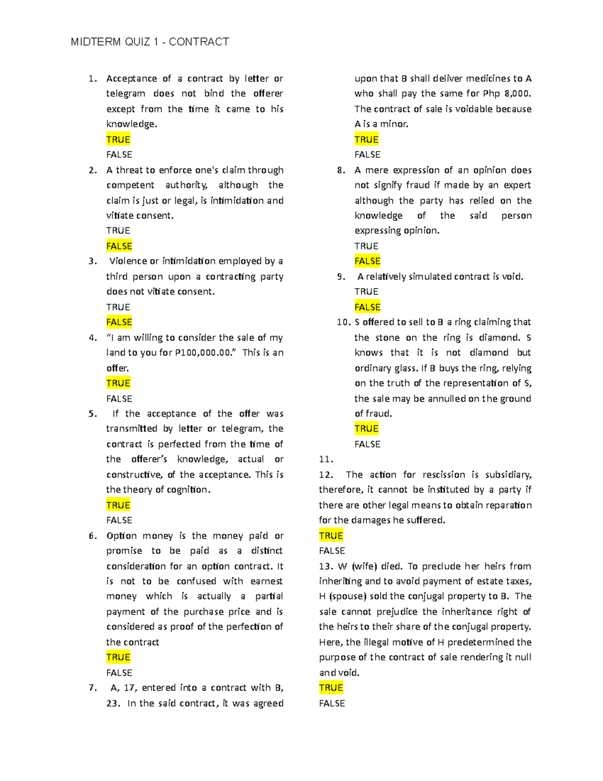 Midterm Quiz 1 Contract - MIDTERM QUIZ 1 - CONTRACT Acceptance of a ...