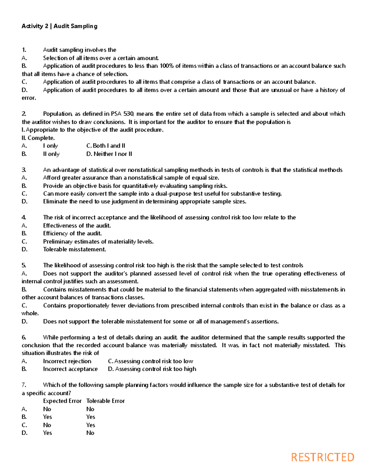 ACC 310 Activity 2 - LECTURE - Activity 2 | Audit Sampling Audit sampling involves the A ...