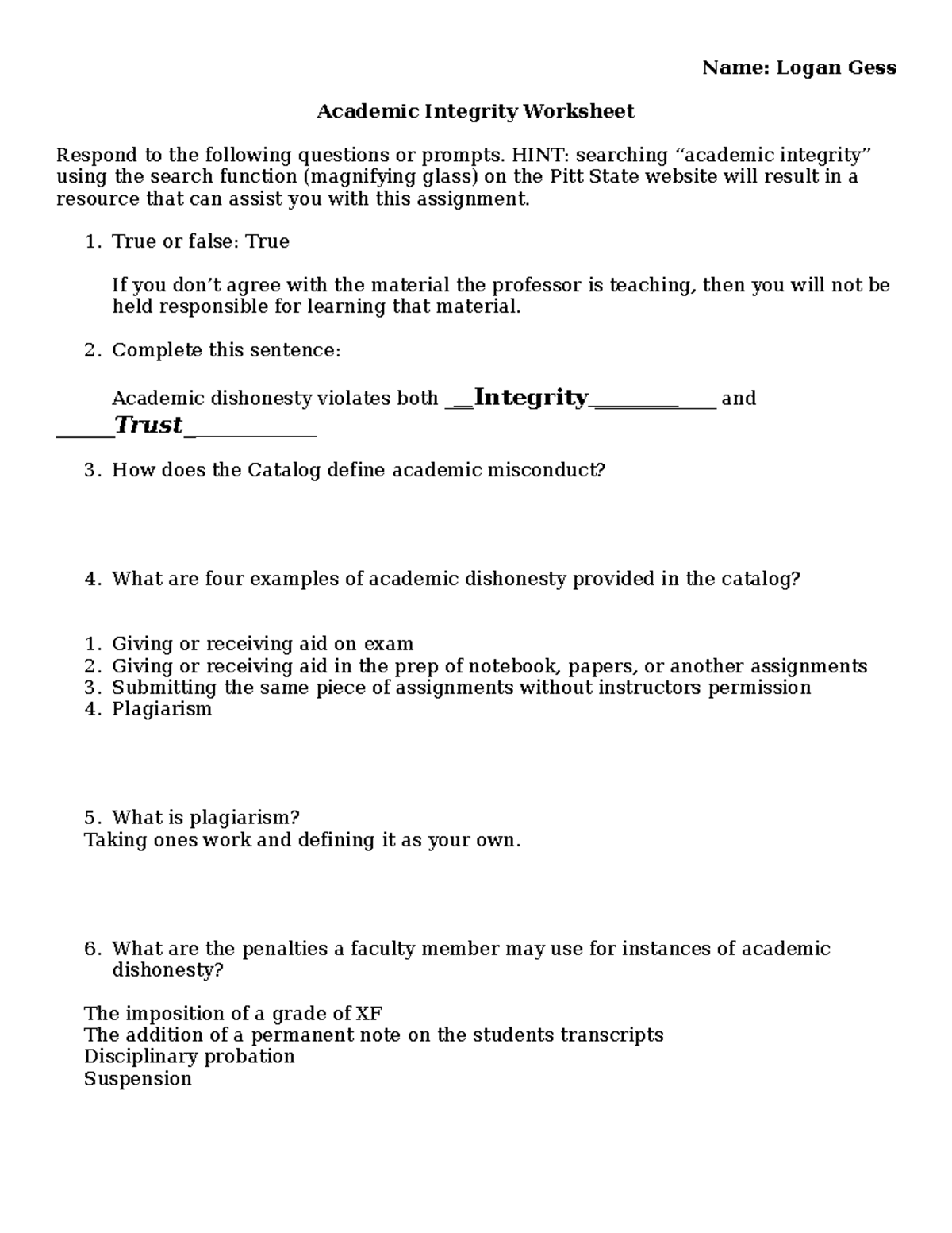 Academic Integrity Pre-Class Assignment - Name: Logan Gess Academic ...