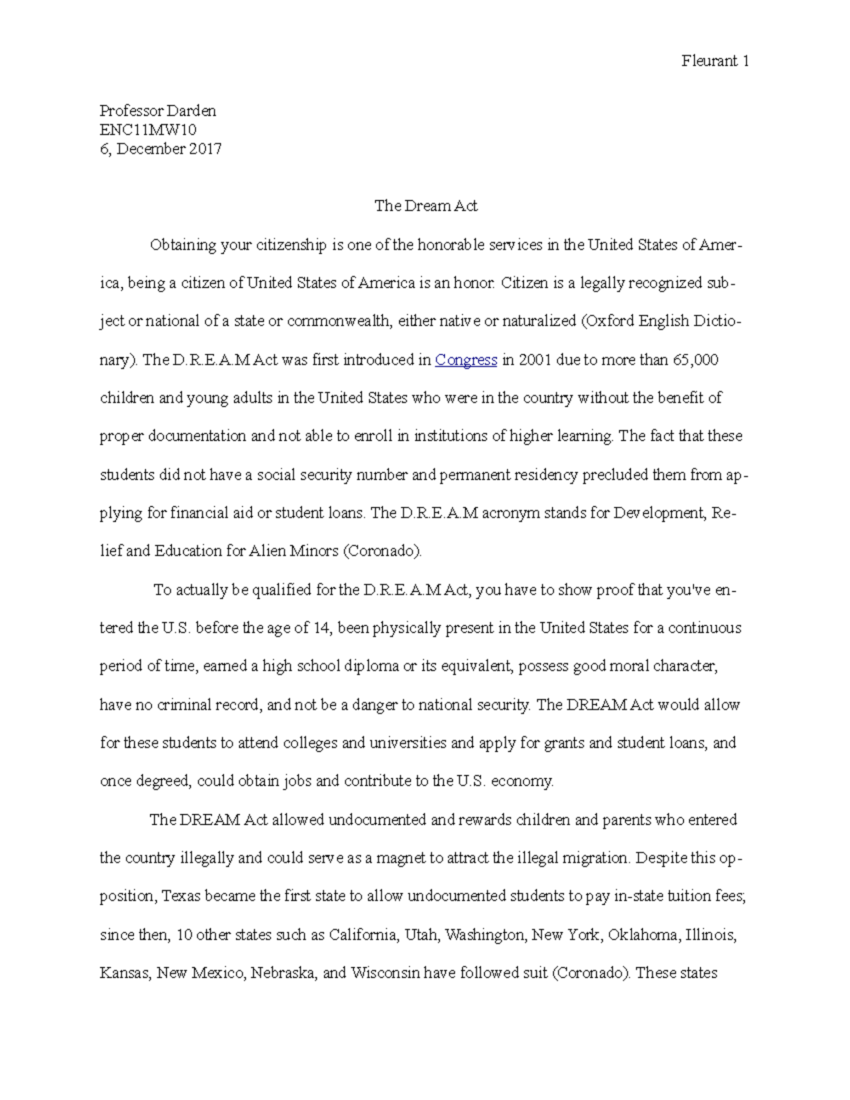 Final Exam Essay Grade: B- Fleurant 1 Professor Darden ENC11MW10 6 ...