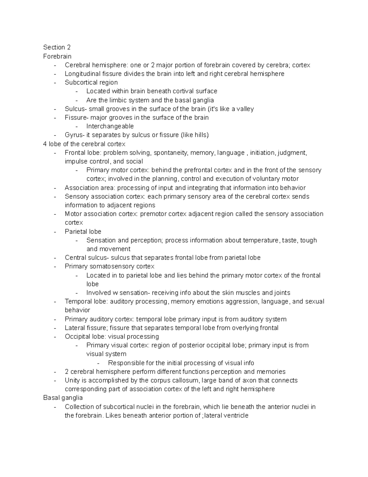 4-lecture notes - Section 2 Forebrain - Cerebral hemisphere: one or 2 ...