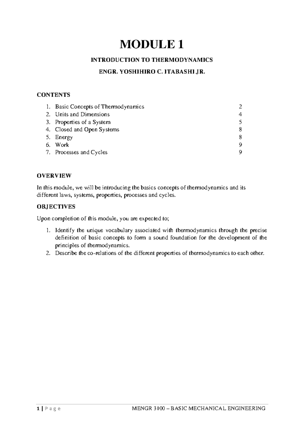 Ilide - 1 | P a g e MENGR 3100 – BASIC MECHANICAL ENGINEERING MODULE 1 ...