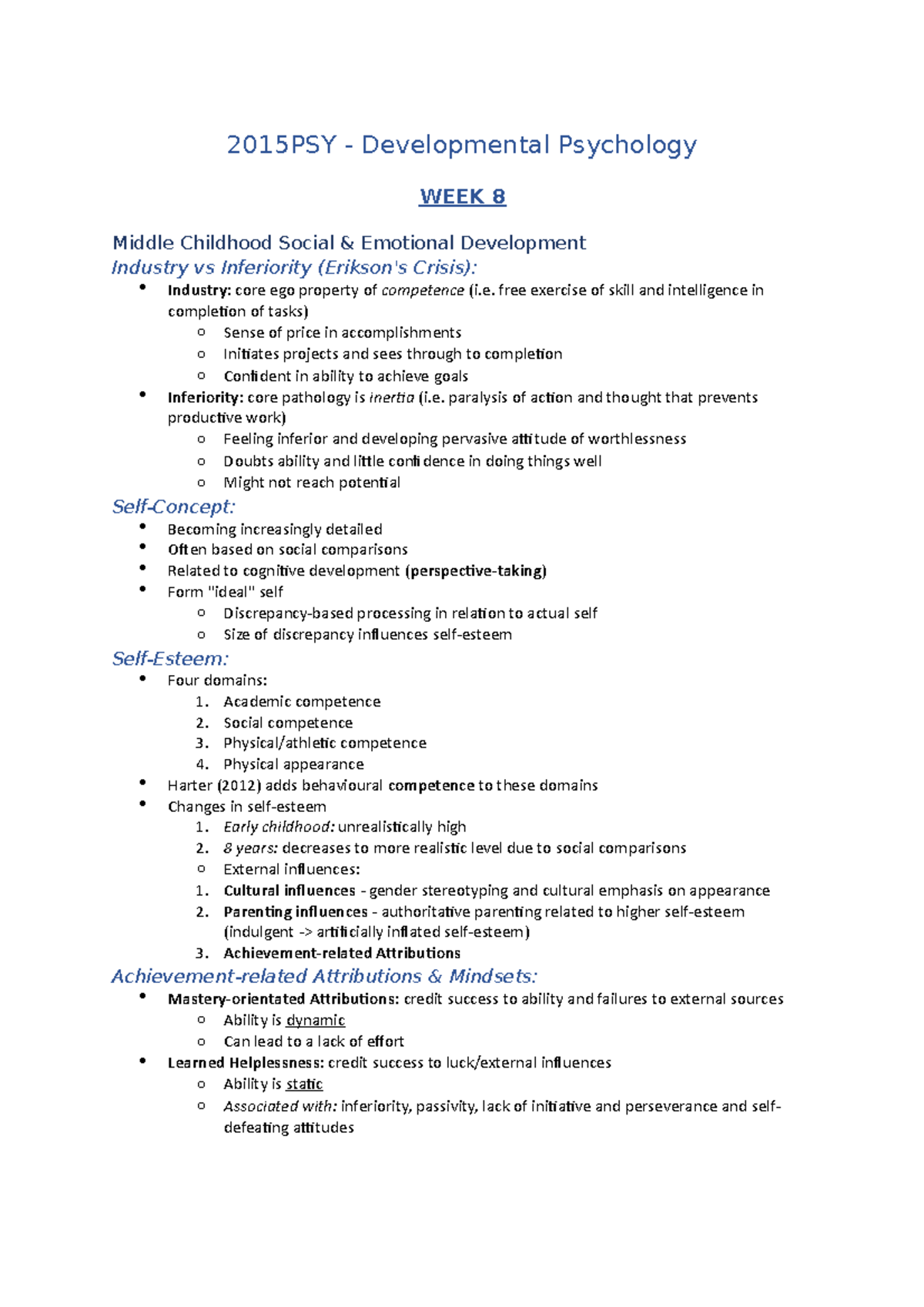 2015 PSY (WK 8) - Module & Lecture Notes - 2015PSY - Developmental ...