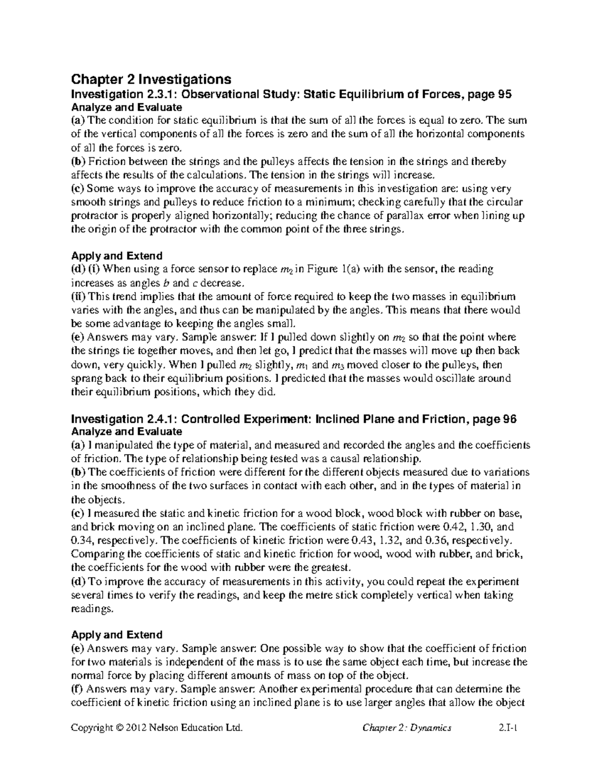 Phys12 Chapter 2 Investigations - Copyright © 2012 Nelson Education Ltd. Chapter 2: Dynamics 2 ...