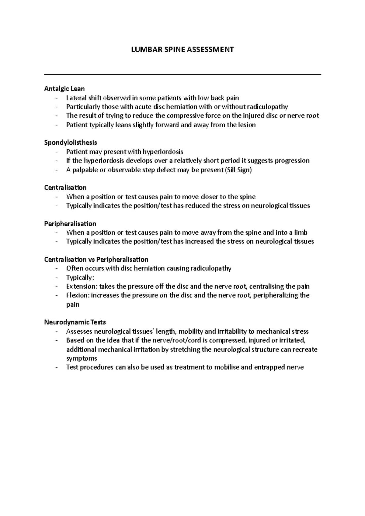 Lumbar Spine Assessment - LUMBAR SPINE ASSESSMENT Antalgic Lean ...