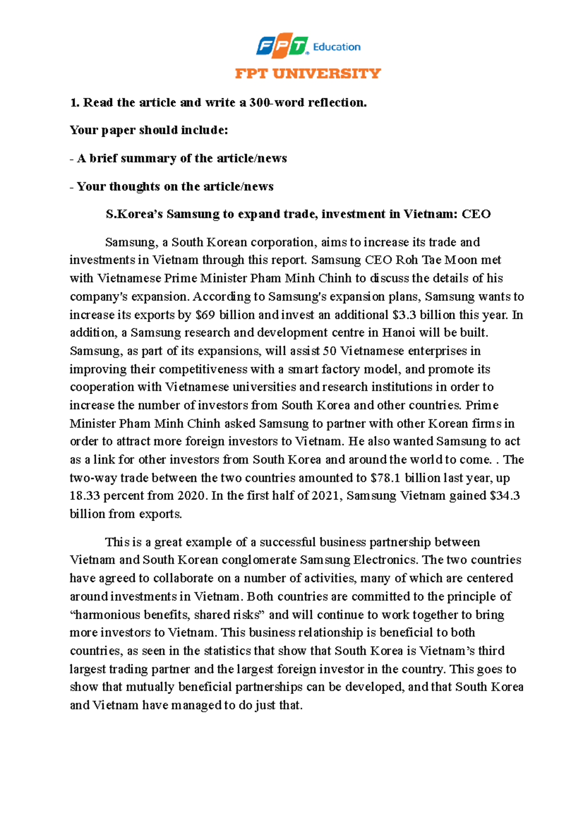 Assignmentone-rewrite - Read the article and write a 300-word reflection. Your paper should ...