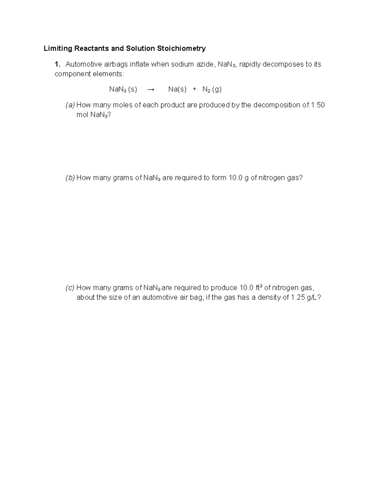 Work Sheet Limiting reactants and Solution Stoichiometry - Limiting ...