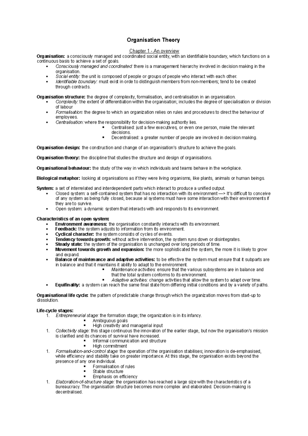 Organization theory summary - Organisation Theory Chapter 1 - An ...