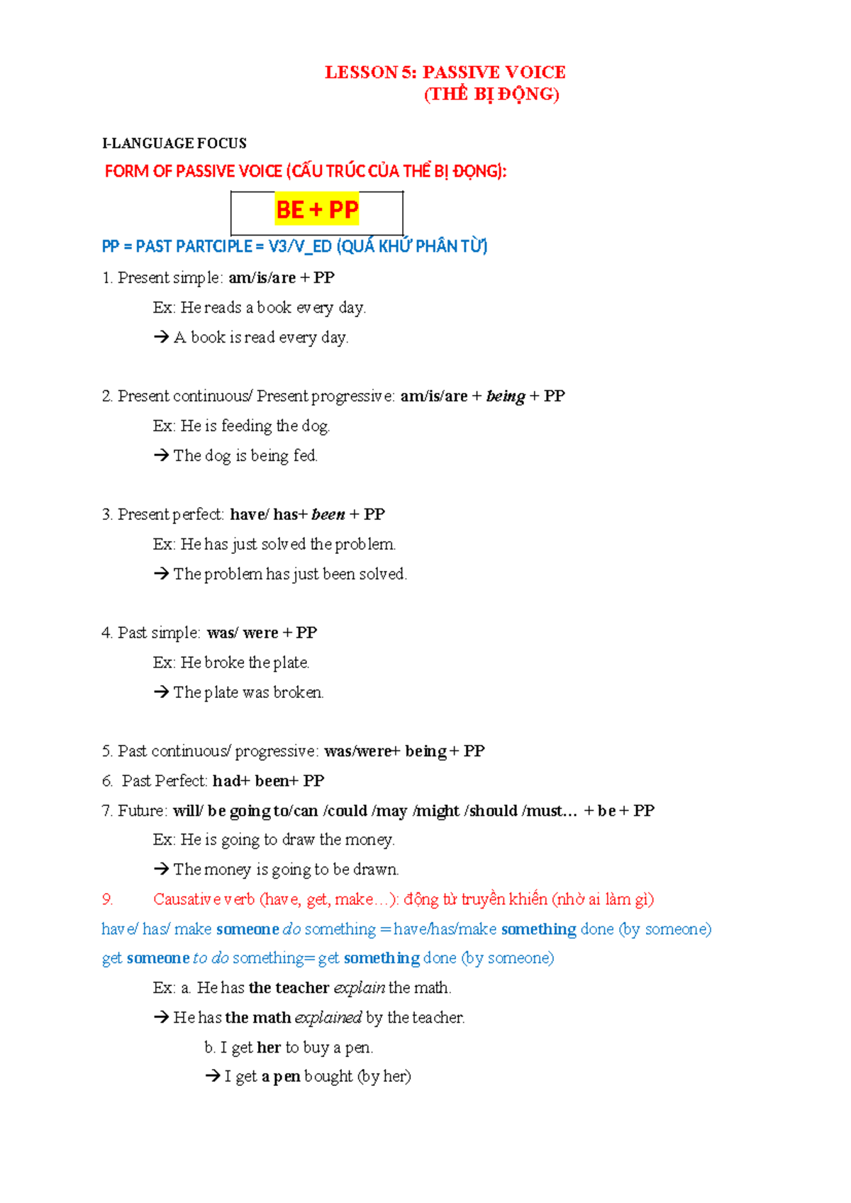 Lesson 5- ENG217- Theory - LESSON 5: PASSIVE VOICE (THỂ BỊ ĐỘNG) I-LANGUAGE FOCUS FORM OF ...