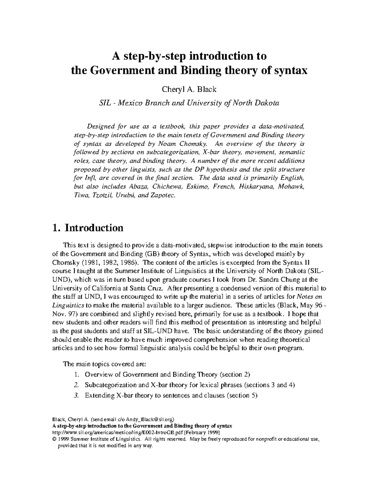 A step-by-step introduction to the Government and Binding theory of syntax Cheryl A. Black SIL ...
