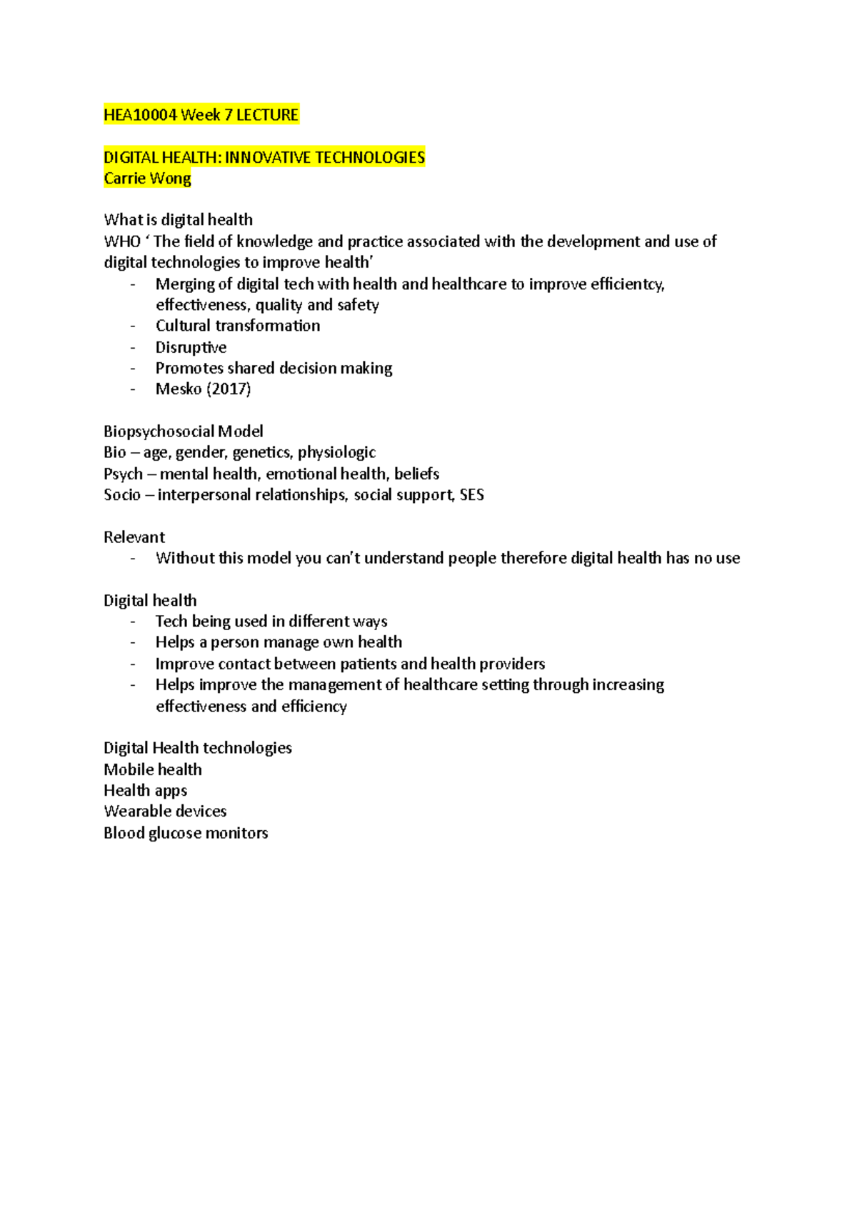 Week 7 Lecture Notes Hea10004 Week 7 Lecture Digital Health Innovative Technologies Carrie 