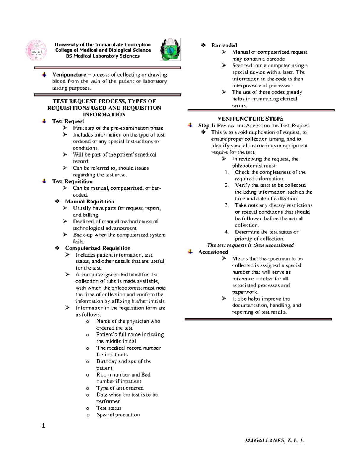 Lesson-5 Venipuncture- Procedure - 1 University of the Immaculate ...