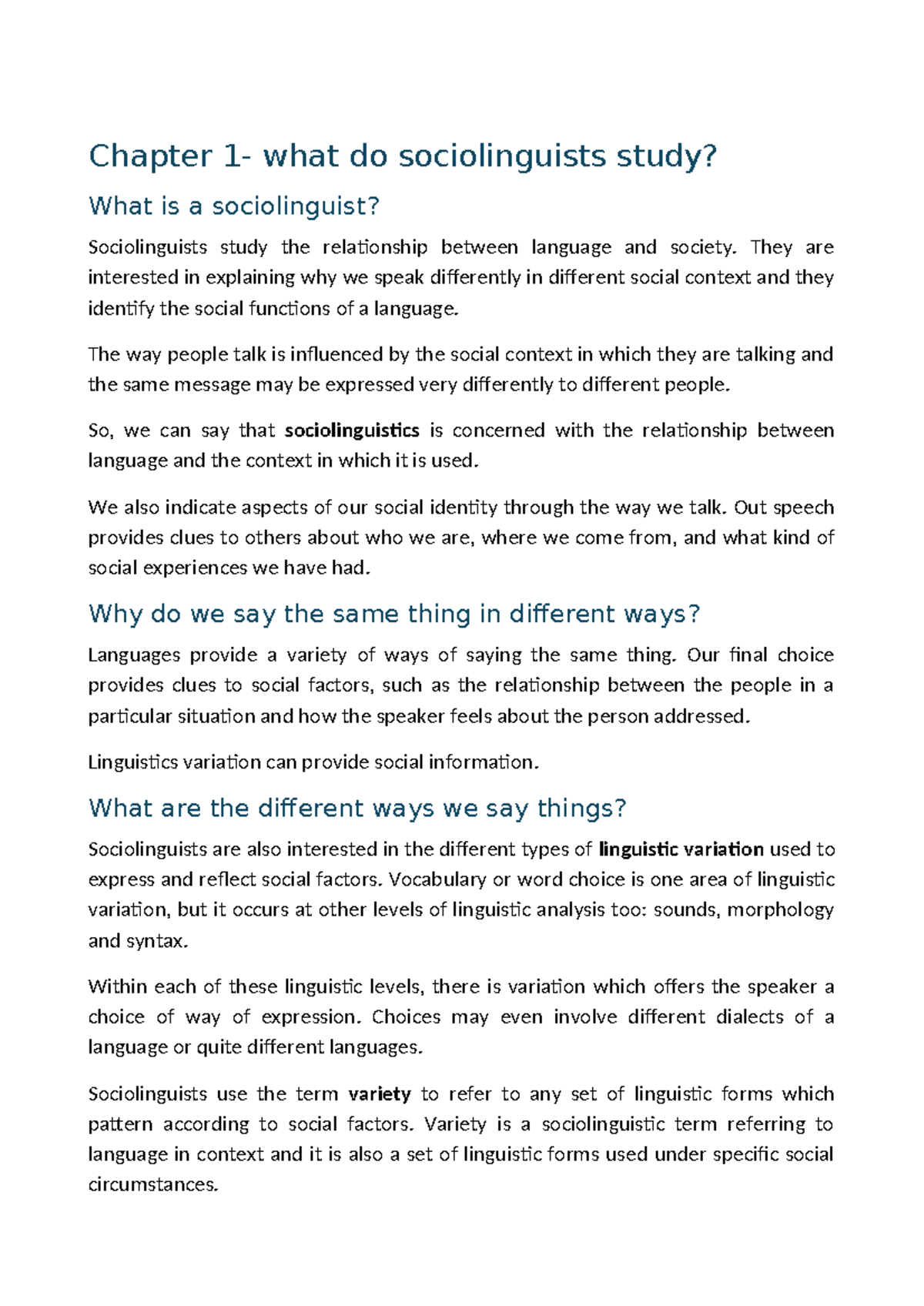 Riassunto An introduction to sociolinguistic - Chapter 1- what do sociolinguists study? What is ...