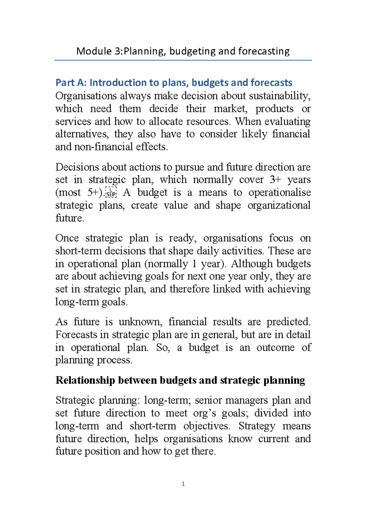 CPA Australia - SMA - M3 Summary - Module 3:Planning, budgeting and ...